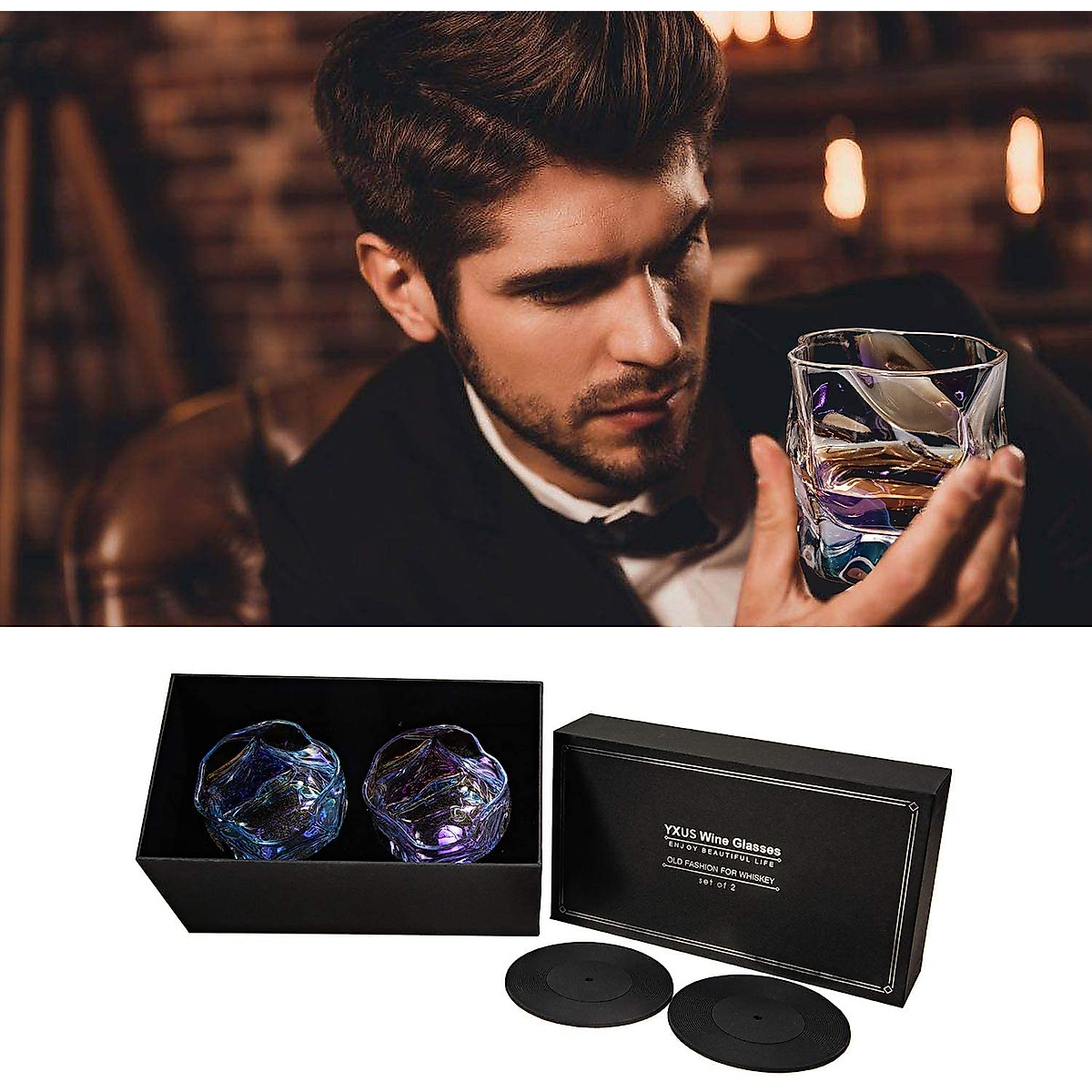 Old Fashioned Whiskey Glasses Set of 2, 10oz Colorful Rock Glasses with 2 Coasters, Couple Whiskey Tumbler Set, Cool Design Cocktail Bourbon Scotch Glasses Gifts for Men, Perfect Whiskey Gifts for Him