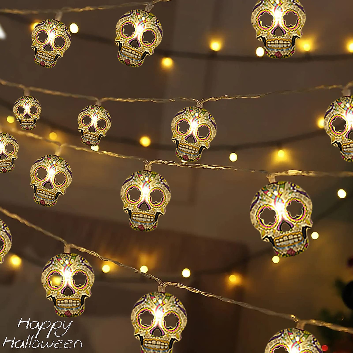 Halloween String Lights, 2 Packs Skull String Lights 30 LED Skull Lights 15ft Halloween Decoration Lights Battery/USB Powered Optional 2 Modes Halloween Lights Indoor Outdoor for Home Yard Patio
