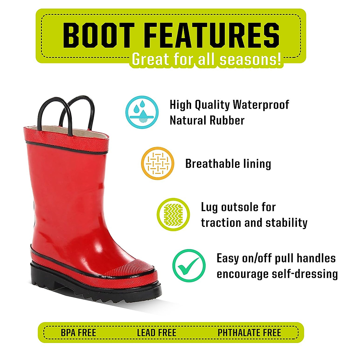Western Chief Kids Waterproof Rubber Classic Rain Boot with Pull Handles, Red, 2 M US Little Kid