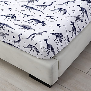 URBONUR 4-Piece Toddler Bedding Set - Ultra Soft Cartoon Jurassic Dinosaur Print Boys Toddler Comforter Set - Include Comforter, Flat Sheet, Fitted Sheet and Reversible Pillowcase, Navy Dinosaur