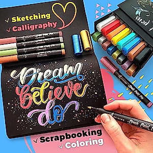Acrylic Paint Pens Brush Tip, 8 Metallic & 8 Basic Colors Acrylic Paint Markers. Set for Rock Painting, Calligraphy, Scrapbooking, Brush Lettering, Card Making, Sketching, Black Paper, DIY Photo Album