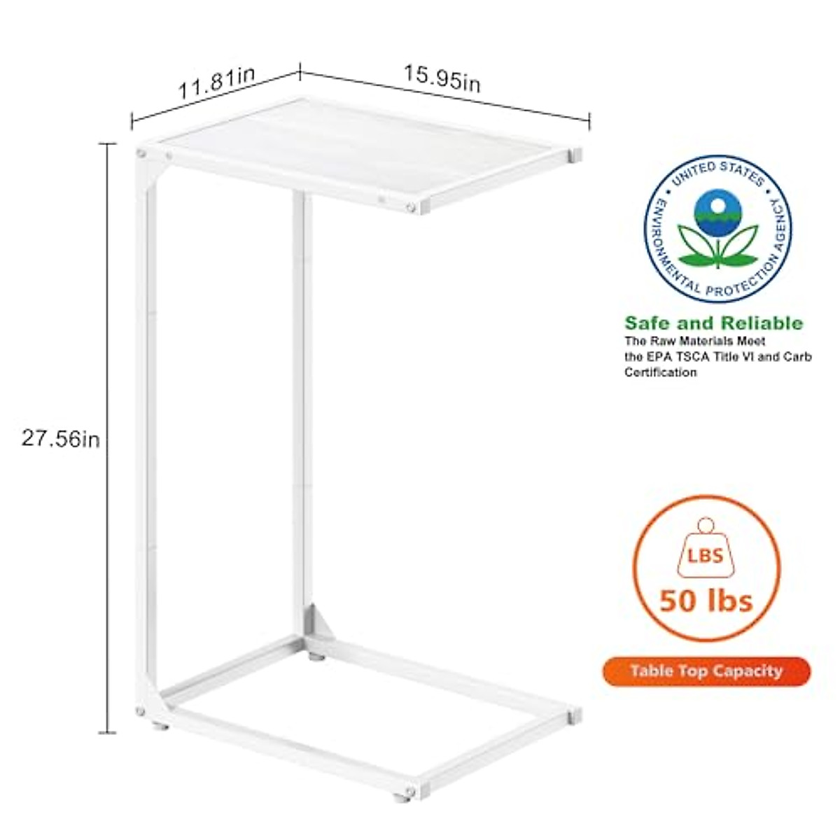melos C Shaped End Table, Snack Side Table, C Tables for Couch, Couch Tables That Slide Under, for Living Room, Bedroom, White