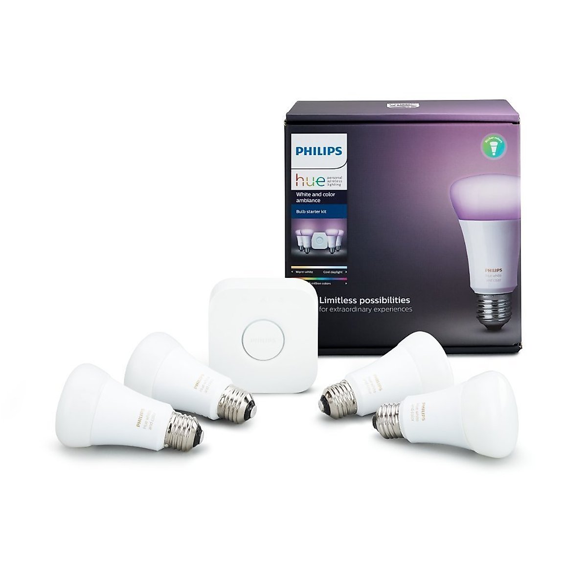 Philips Hue White and Color Ambiance A19 60W Equivalent LED Smart Bulb Starter Kit (4 A19 Bulbs and 1 Hub Compatible with Amazon Alexa Apple HomeKit and Google Assistant)