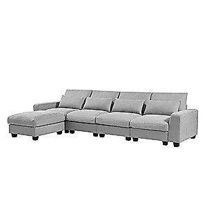 130" L-Shaped Convertible Deep Seat Feather Filled Modular Sectional Sofa with Reversible Chaise/Movable Ottoman&4 Waist Pillows,Comfy Upholstered Corner Couch,5-Seat Oversized Sofá for Living Room