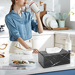 Sumnacon Rectangular Large or Medium Linen Tissue Box Cover - Stylish Tissue Box Holder with Magnetic Bottom (Marble Black, Medium)