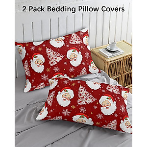 Edwiinsa Christmas Santa Pillow Covers King Standard Set of 2 20x36 Bed Pillow, Plush Soft Comfort for Hair/Skin Cooling Pillowcases with Envelop Closure Throw Covers Red Xmas Tree Gold Snowflake