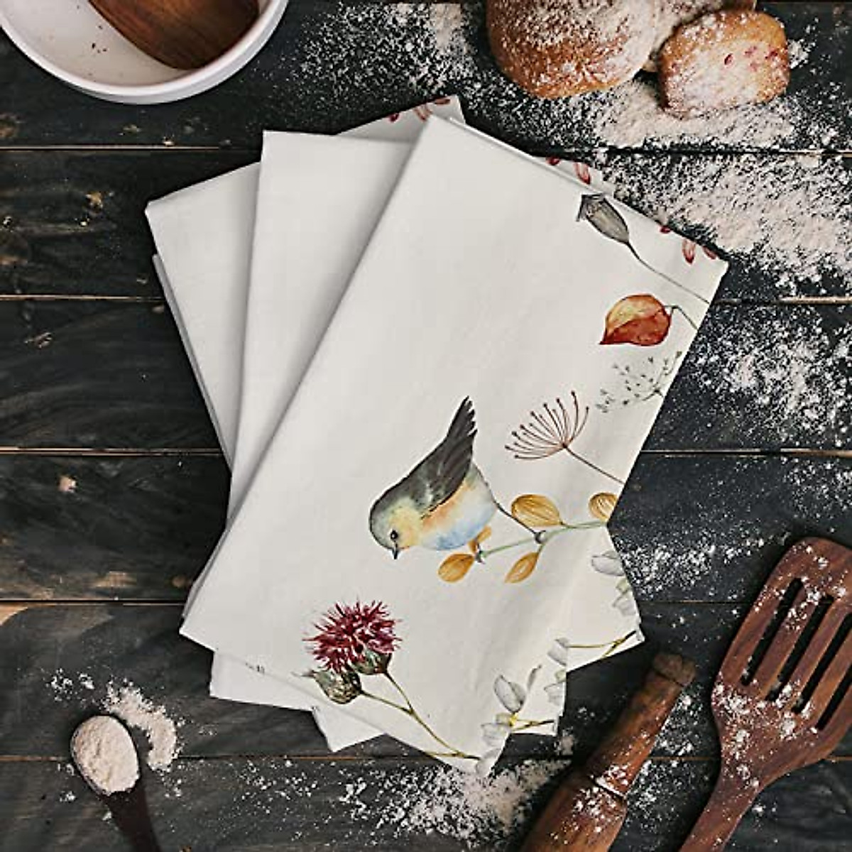 LOVE HOME DAY Farmhouse Wild Flower and Birds Kitchen Towel Set of 1, Colorful Blossoms Floral Hand Towels Absorbent Microfiber Dish Cloth Beige Washable Tea Bar Dishcloth Cleaning Cloths