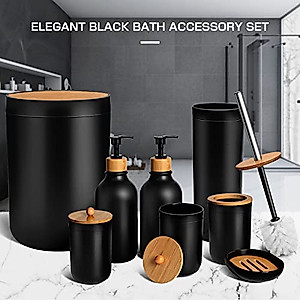 MIERTING Black Bathroom Accessories Set 8 Pcs, Matte Black Bathroom Accessory Sets With Trash Can, Soap Dispenser And Toothbrush Holder Set, Soap Dish, Cotton Ball & Qtip Holder, Toilet Brush & Holder