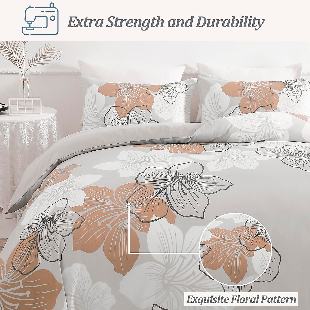 Xruibed Duvet Cover Set Queen Size Pink Blush Floral Pattern Comforter Cover Elegant Flower Duvet Cover with 2 Pillow Cases Lightweight Floral Bedding Cover Set All Season (Queen,90"x90")