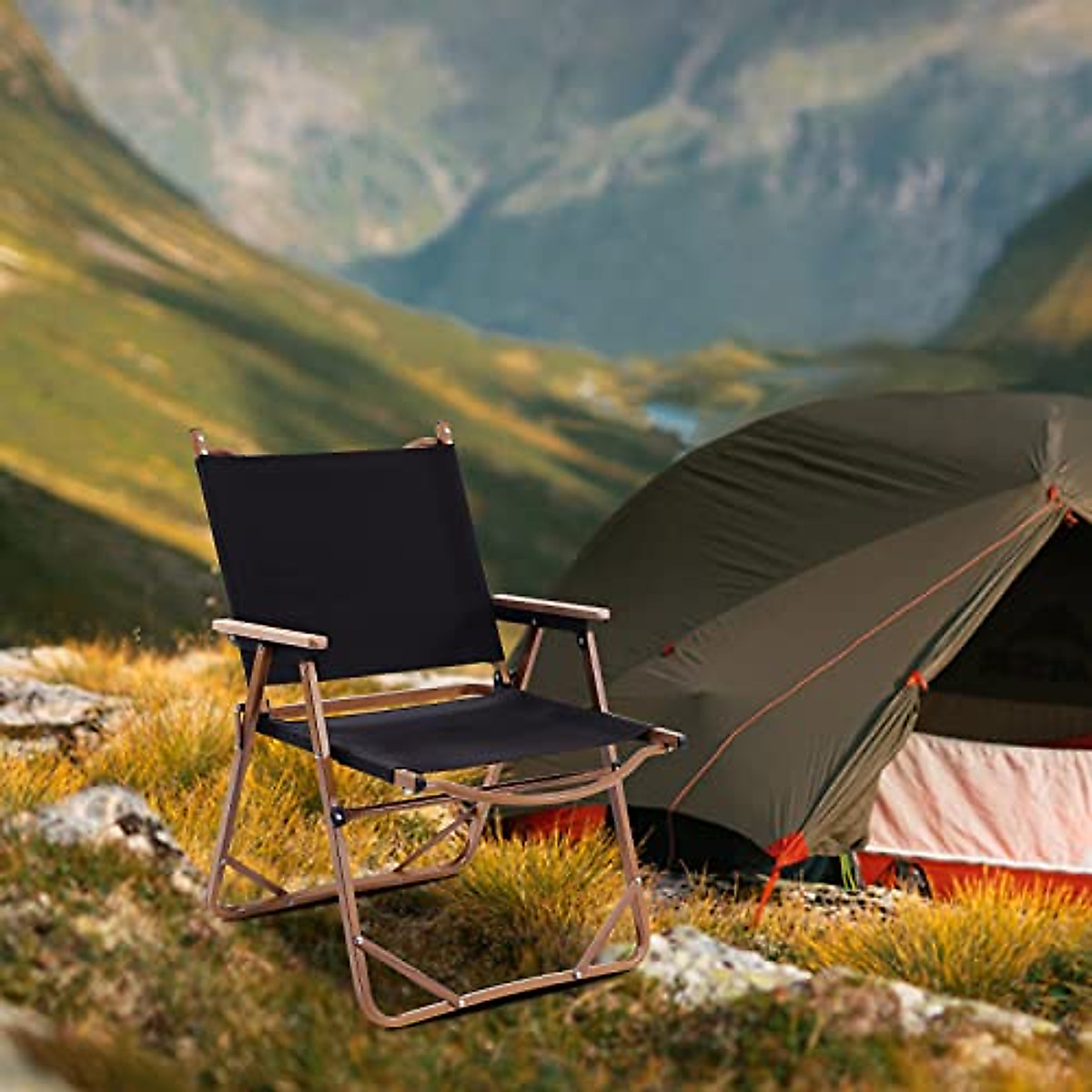 DYRABREST Outdoor Folding Camp Chair Wood Grain Portable Lawn Chairs 308 LBS Heavy Duty Travel Chair Aluminum Frame Lightweight Lounge Chair for Camping, Garden, Picnics, Patio, Beach (Black)