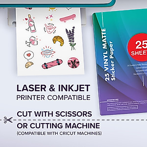Premium Printable Vinyl Sticker Paper for Your Inkjet and Laser Printer – 25 Matte White Waterproof Decal Paper Sheets - Dries Quickly and Holds Ink Beautifully - Accessories Set for Cricut