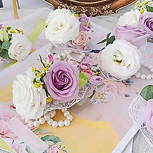 Teensery 6 Pcs Elastic Pearl Wrist Corsage Bands Handmade Bride Wristband Bracelets Stretch Pearl Wedding Wristlets DIY Wrist Corsages Accessories for Wedding Party Prom (Style 1)