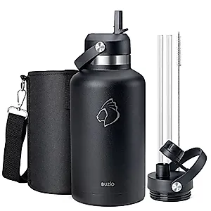 BUZIO 64oz Insulated Water Bottle with Straw Spout Lid, Half Gallon Double Wall Vacuum Stainless Steel Food-Grade Water Jug with Carrying Sleeve, Wide Mouth Leak Proof Water Flask, Keep Cold Hot
