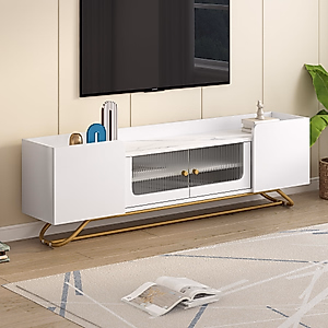 Bellemave Modern TV Stand for 65 Inch TV High Gloss Marble TV Stands for Living Room Large Entertainment Center with Storage Long Media Console with Fluted Glass, White