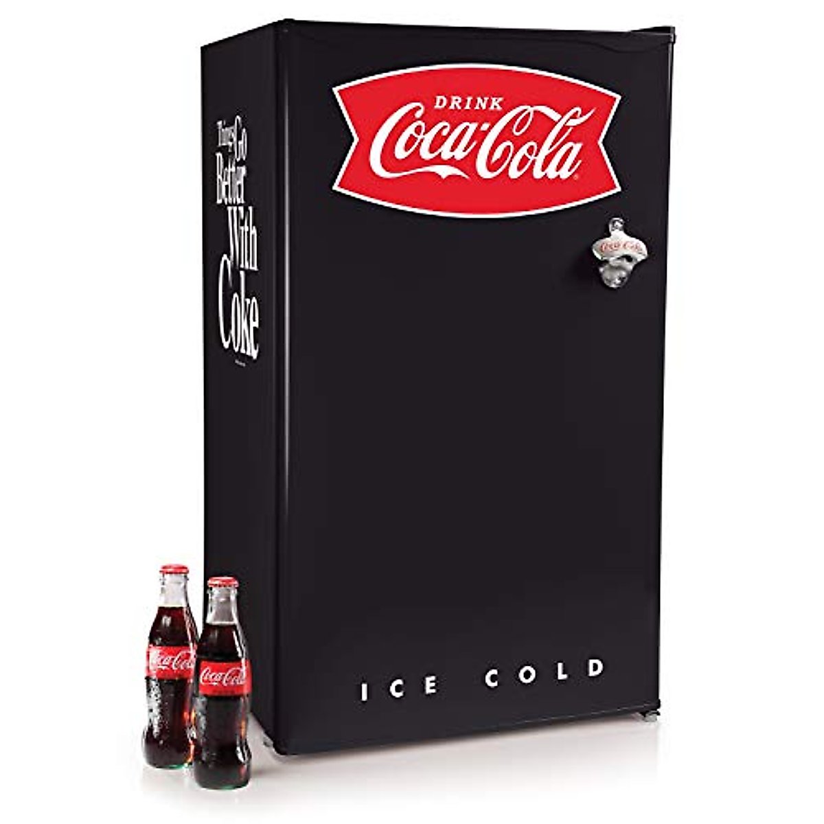 Nostalgia Coca-Cola Refrigerator with Freezer, 3.2 Cu. Ft., Adjustable Temperature Cools as Low as 32 Degrees, Bottle Opener, Ice Cube Tray, Scraper Included, Black
