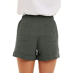 KINGFEN Shorts for Women Casual Summer Women Linen Pocketed Shorts Womens Shorts for Summer Woman Pull On Shorts Drawstring Elastic Waist Solid Loose Shorts Pants Outerwear Sage Green Small