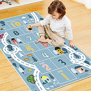 LGQLJPLQQ Hopscotch Rugs for Kids, Kid Rug for Bedroom,Road Rug, Playroom Rug for Kids Toy Cars, Nursery Rug for Teaching Toddler(Blue, 6' x 9')