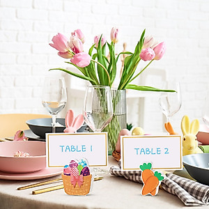 Kigley 18 Pcs Easter Bunny Eggs Wooden Place Card Holder with 25 Pcs Gold Foil White Card Easter Wooden Table Sign Bunny Easter Eggs Picture Number Sign Stands Holder for Spring Party (Cute)