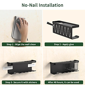 YIHOFLO Hair Dryer Holder Wall Mounted Adhesive/Drilling, Hair Dryer Storage Organizer with Shelf & Hooks. Hair Dryer Rack for Bathroom, Blow Dryer Holder, Hair Tool Organizer (Black)