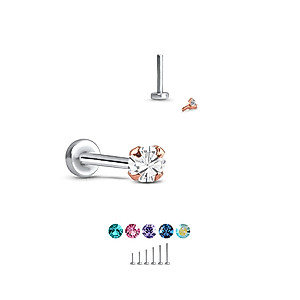 14K Rose Gold Labret Nose Ring Stud Surgical Steel Screw Post 5/32" - 4mm Post 2.5mm CZ 18G