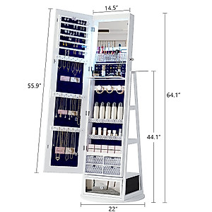 Dystler 360° Swivel Jewelry Cabinet with 6LED Lights, Rotatable Full Length Mirror with Jewelry Storage, Lockable Standing Jewelry Armoire Organizer, Foldable Makeup Shelf& Built-in Small Mirror,White
