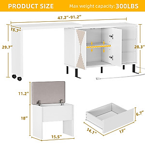 DWVO 360° Rotatable Computer Desk with Power Outlets & LED Lights, Corner Computer Desk with Drawers, Home Office Desk with Fluted Panel Doors, Extensible from 47.2" to 91.2"