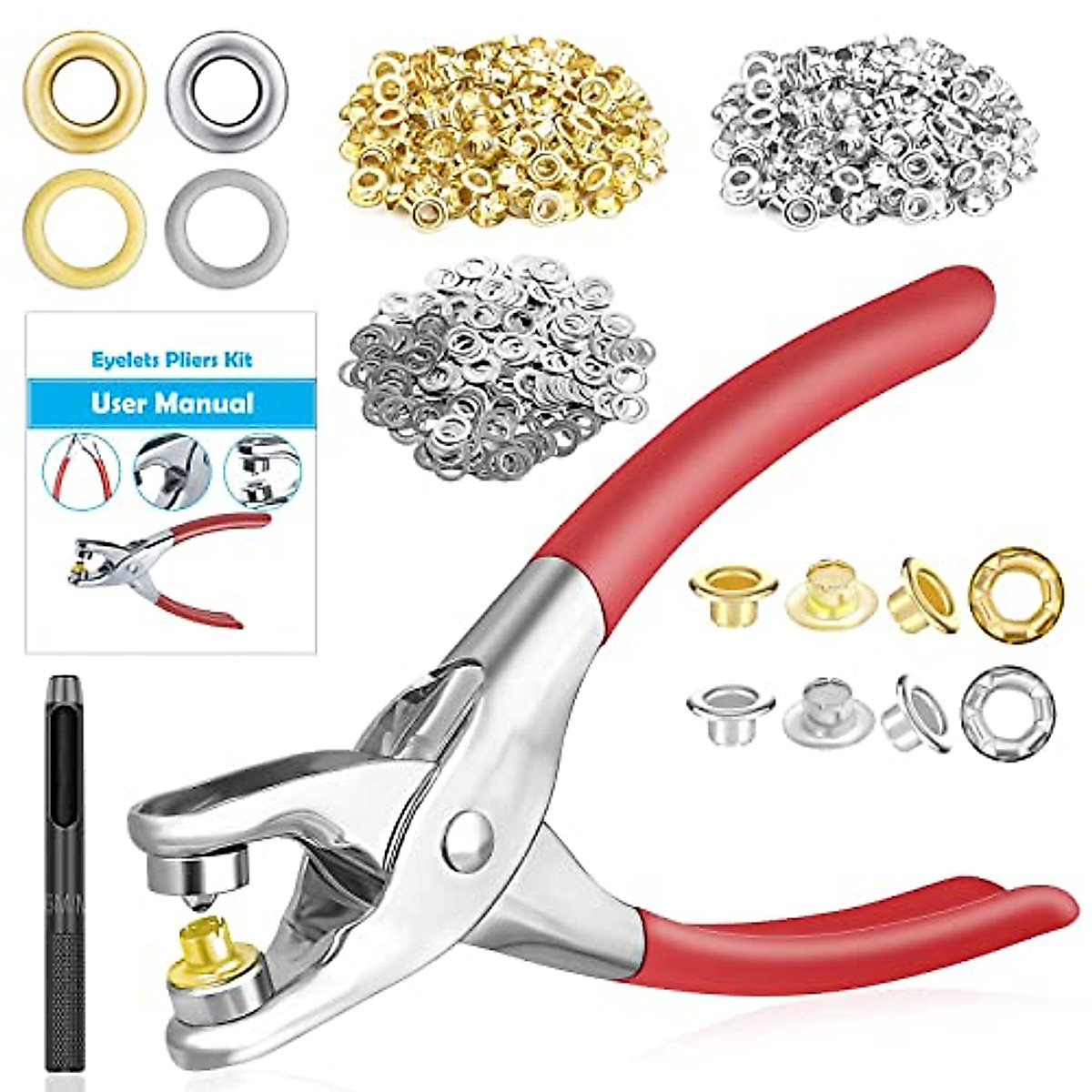 803Pcs Grommet Eyelet Pliers Kit, 1/4 Inch 6mm Grommet Tool Kit with 800 Metal Eyelets with Washers in Gold and Silver, Eyelet Grommets, Portable Grommet Hand Press kit for Leather/Belt/Shoes/Cloths