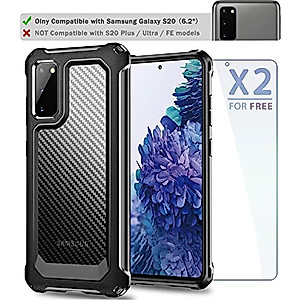 Galaxy S20 Case, Slim Carbon Fiber Shockproof Protective Cover with Screen Protector [x2] [Military Grade Drop Protection] [Anti Scratch&Fingerprint], Samsung S20 Case, 6.2", Black