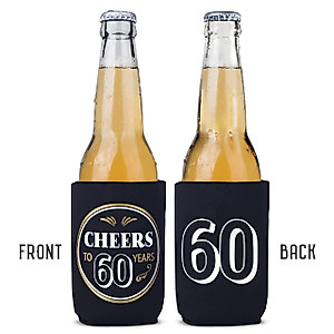 Prazoli Cheers to 60 Years Beer Can Coolers (12 Pack) - 60th Birthday Party Decorations & Supplies - Black & Gold | Perfect Men Anniversary Coolers Set for Parties