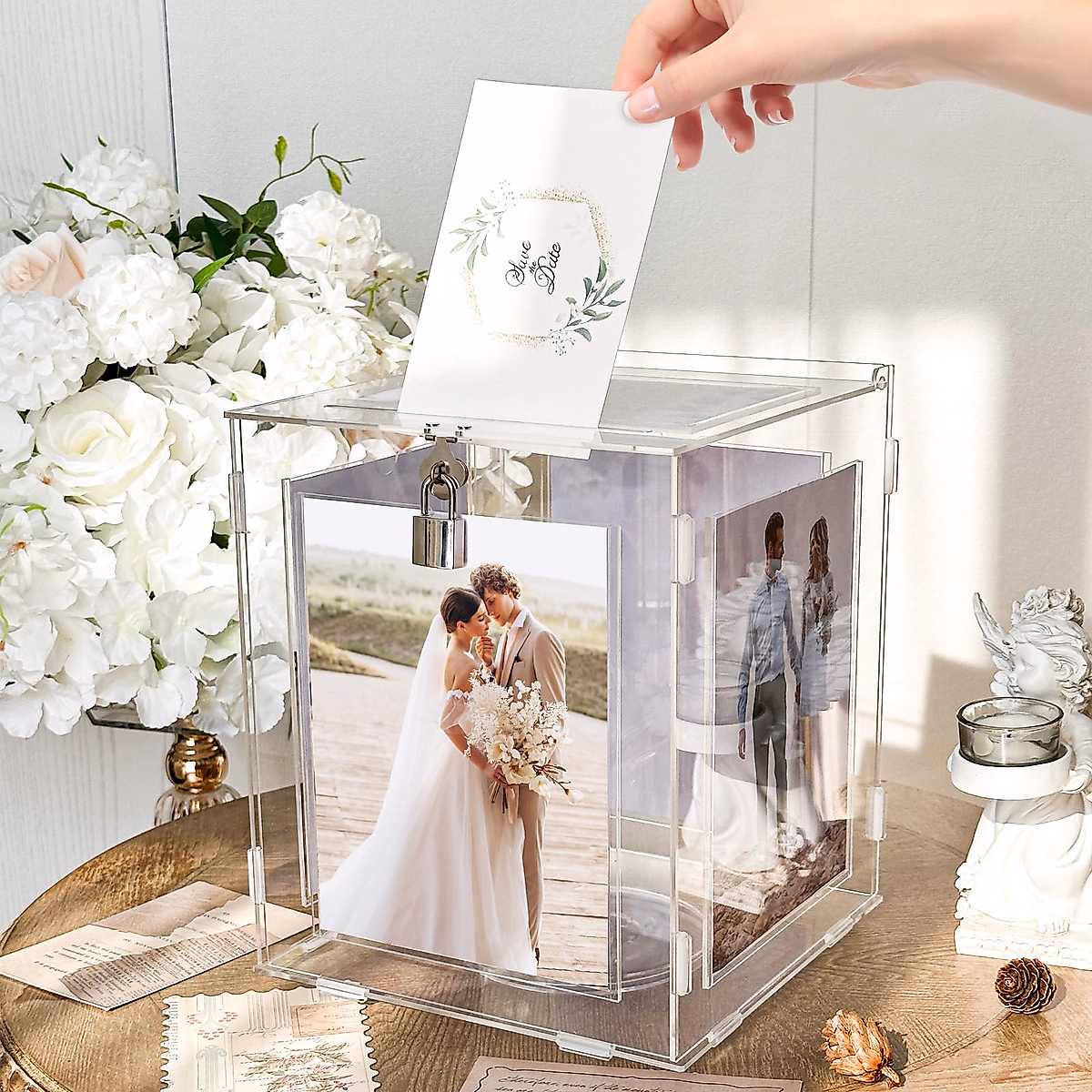 CYAOOI Acrylic Wedding Card Box with Picture Frame, Clear Gift Card Box for Wedding Reception, Large Rotatable Money Envelope Card Box Holder with Lock for Graduation Party Birthday Baby Shower