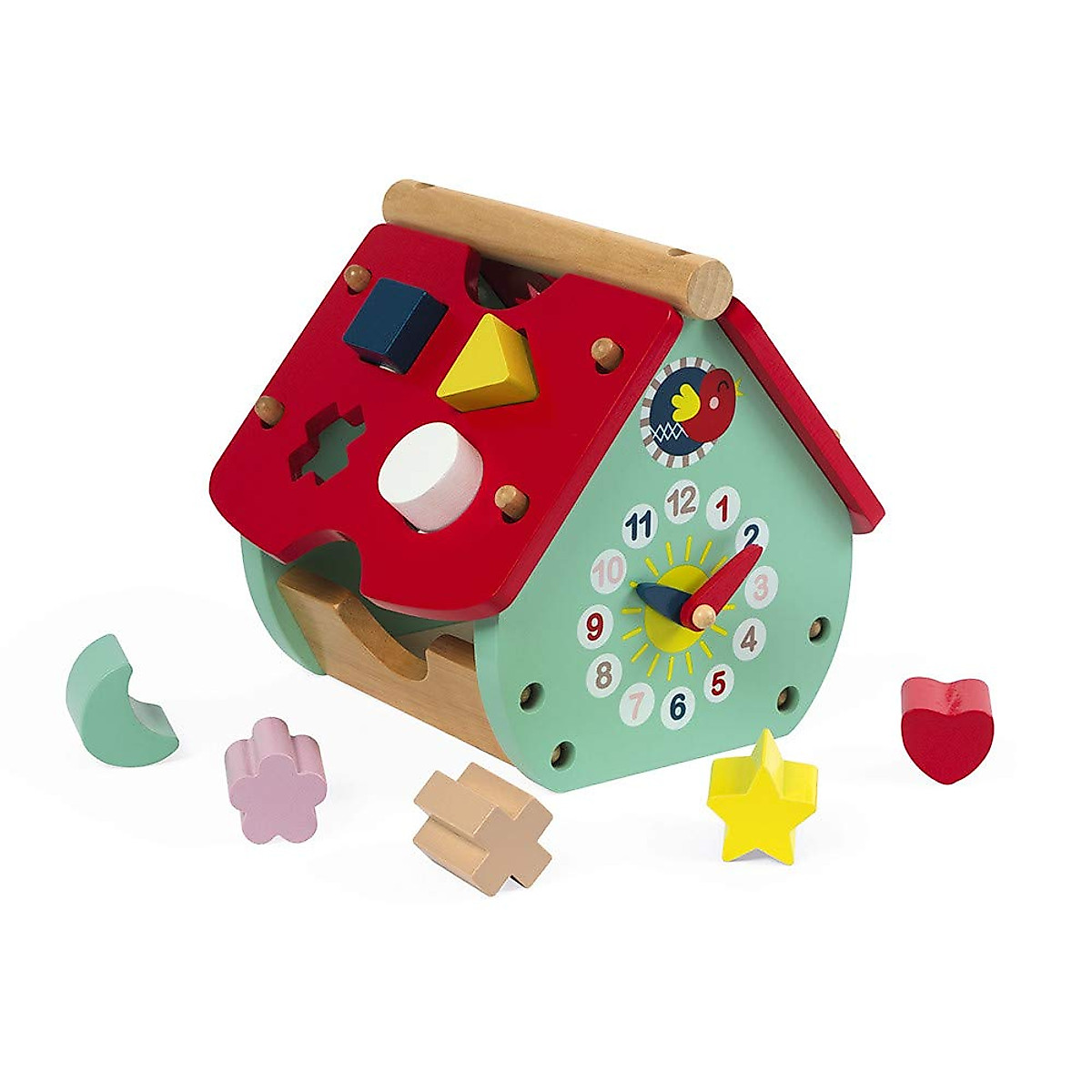 Janod Baby Forest House 2-in-1 Shape Sorter and Tell Time Clock - Ages 18 Months+ - J08008