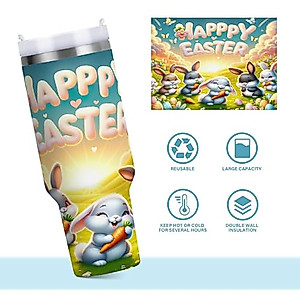 RPLIFE Cute Easter Rabbits Tumbler with Handle, Stainless Steel Coffee Tumbler, Tumbler with Lid and Straw