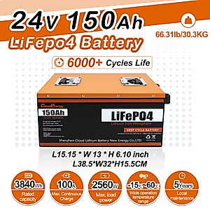 CloooudPro 24V 150Ah LiFePO4 Battery 8000+ Deep Cycle Luthium Battery 3.84kWh Capacity with Longer Runtime, Built-in 100A BMS, Perfect in Solar/Energy Storage System, RV, Backup Power, etc.