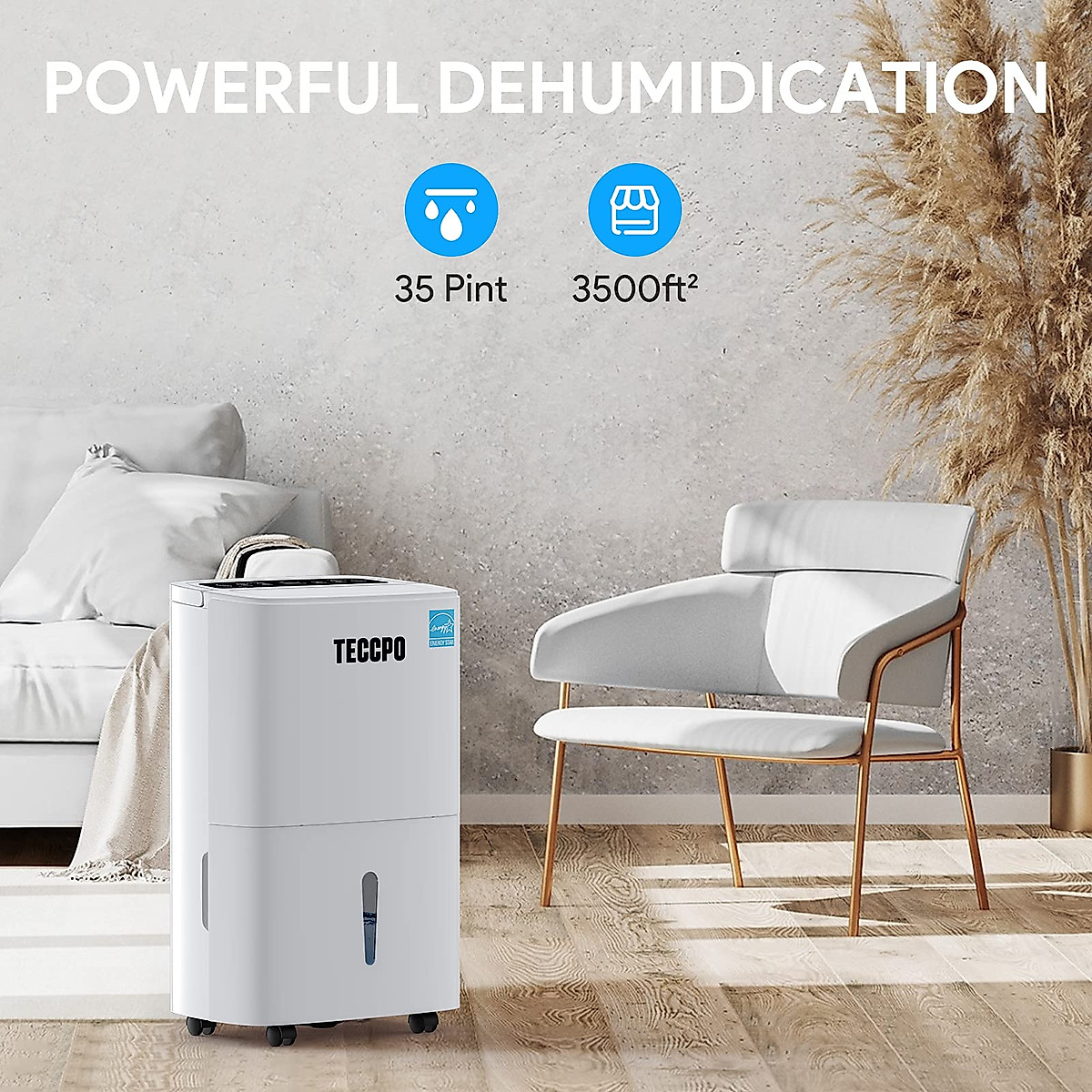 TECCPO 3500 Sq.Ft Dehumidifier, 35 Pint Dehumidifier for Home and Basements, Intelligent Humidity Control, Continuous Draining