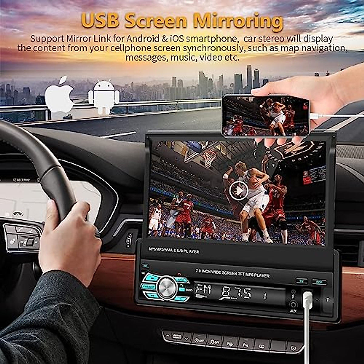 Podofo Single Din Apple Carplay Car Stereo with Bluetooth AHD Backup Camera, 7” flip Out Touch Screen Car Radio MP5 Player Support Android Auto, Mirror Link, USB, TF, FM Radio, Aux-in, SWC