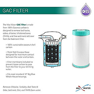 Max Water 2 Stage (Sediment, Odor & Improving Taste) Whole House (10 inch x 4.5 inch), Water Filtration System with Double O Ring Housing - Sediment + GAC - 1" NPTF Brass Port Inlet