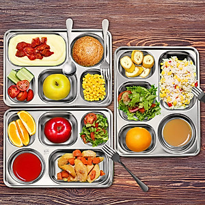 20 Pcs Stainless Steel Dinnerware Set, Including Stainless Steel Rectangular Divided Dinner Tray Spoons and Forks Set Silver Stainless Steel Cups and Stainless Steel Bowl for Home Kitchen Restaurant