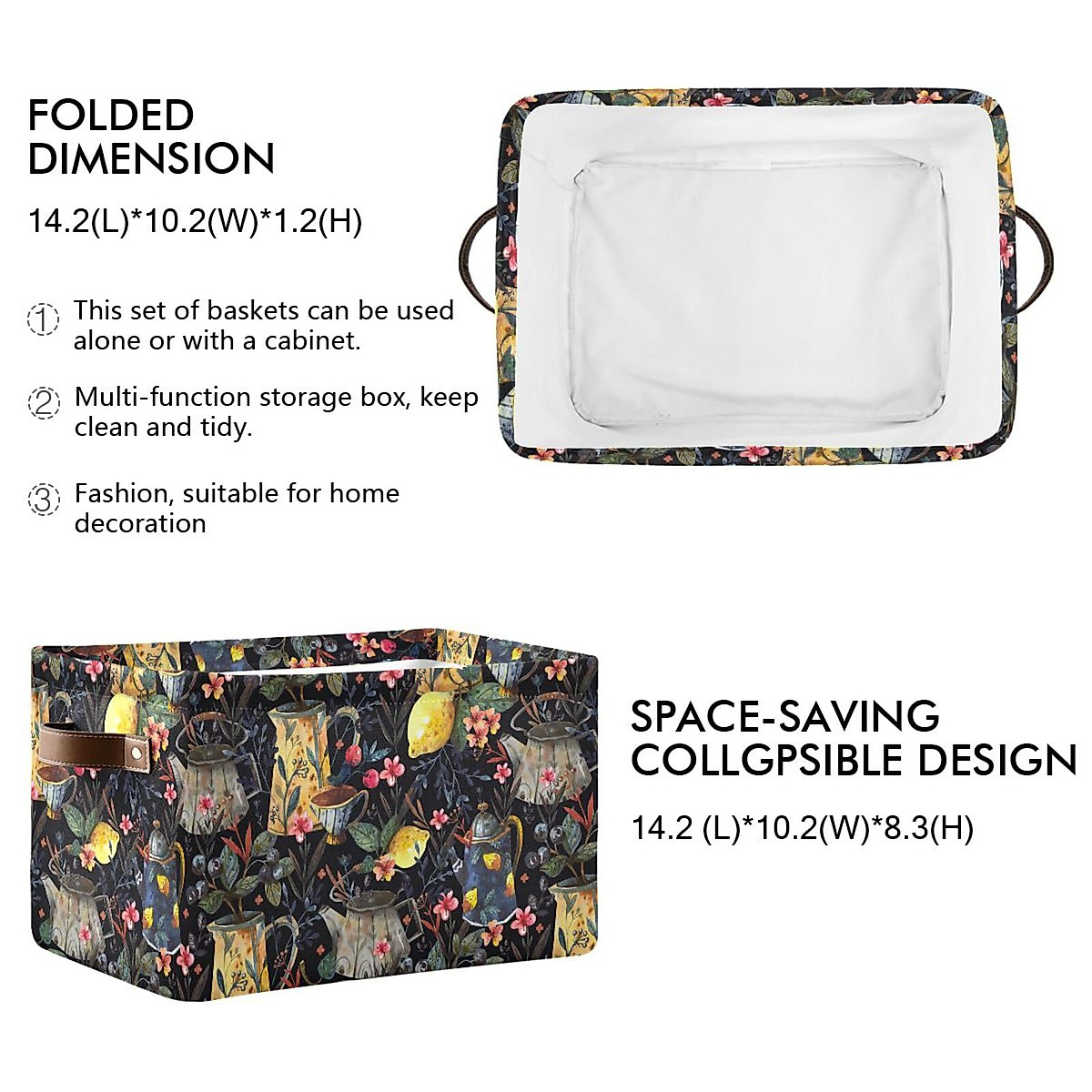 Teapots Lemons Storage Basket Bins Collapsible Toy Storage Bins with Handles Laundry Baskets for Bedroom Office Clothes Pet Nursery Living Room,1 pcs