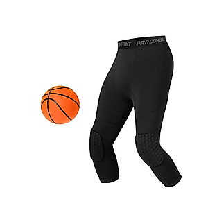 Unlimit Basketball Pants with Knee Pads, Black Basketball Knee Pads Within Basketball Compression Pants, 3/4 Capri Compression Tights Leggings for Youth, Men and Women (XL)