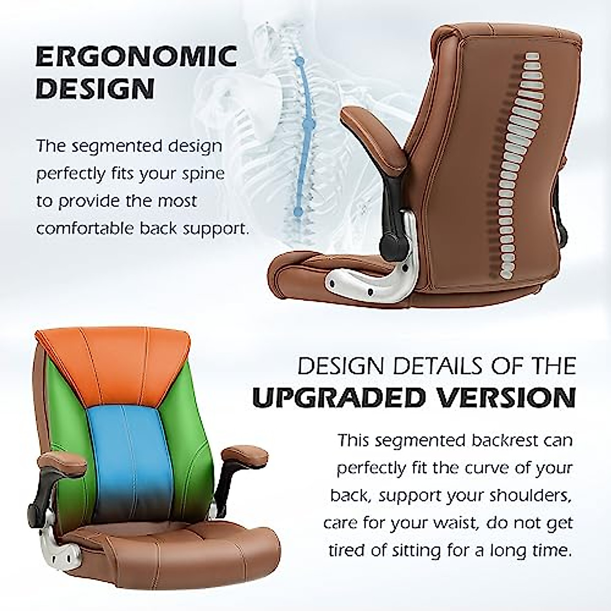 SEATZONE Executive Home Office Chair High Back PU Leather with Flip-up Armrests Adjustable Height and Lumbar Support, Comfortable Computer Chair for Adults, Red-Brown