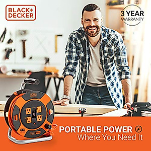 BLACK+DECKER 50 Ft. Retractable Extension Cord Reel With 4 Outlets, Multi-Plug Extension, Easy Handle Rewind & Heavy-Duty 14AWG SJTW Cable