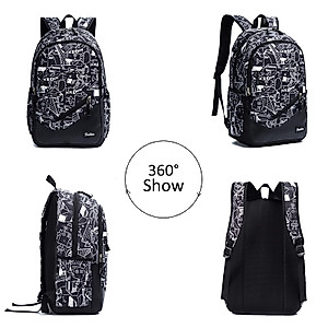 Ozmego Boys School Backpacks Midlle School College Bookbag for Teens Boys Girls (Black Print)