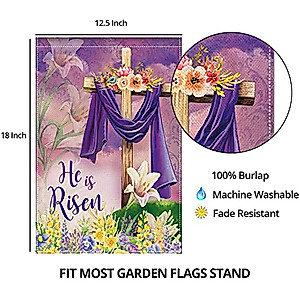 EKOREST Easter He is Risen Garden Flag 12x18 Inch Double Sided,Religious Cross He is Risen with Lily,Small Spring Yard Flag for Outside Farmhouse Seasonal Holiday Outdoor Decor