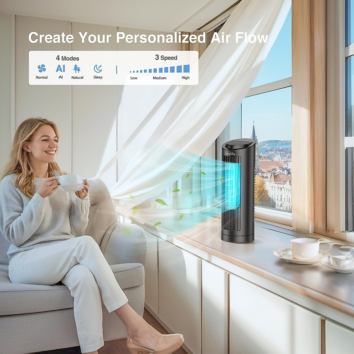 Grelife 13" Bladeless Tower Fan with 70° Oscillation, Touch Screen and Remote Control, 3 Speeds, 4 Wind Modes, 12-Hour Timer - Compact Cooling for Home Office Bedroom