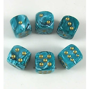 Wondertrail Teal Vortex with Gold Pips 16mm D6 Dice Set of 6 WCX27639E6