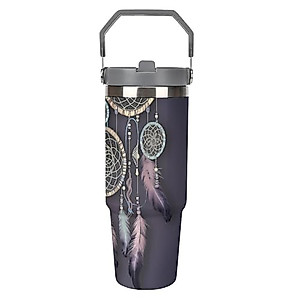 WITHSBKK 30oz Car Cup Dream Catcher Printed with Portable, Stainless Steel Travel Mug, Vacuum Insulated Tumbler And Straw, Leakproof for Car & Outdoor, UV Printed Design