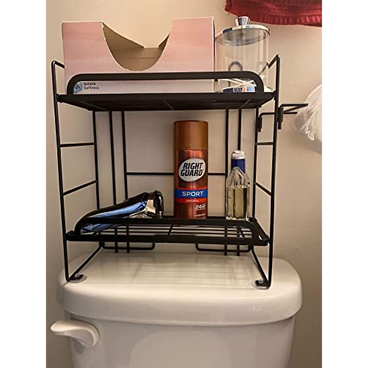 Over The Toilet Storage Shelf, Over-the-toilet Storage Rack, Over Toilet Bathroom Organizer Adhesive Wall Hanging Shelves with Toilet Paper Holder&Hooks, Space Saver for Small Room (2-Tier, Black)