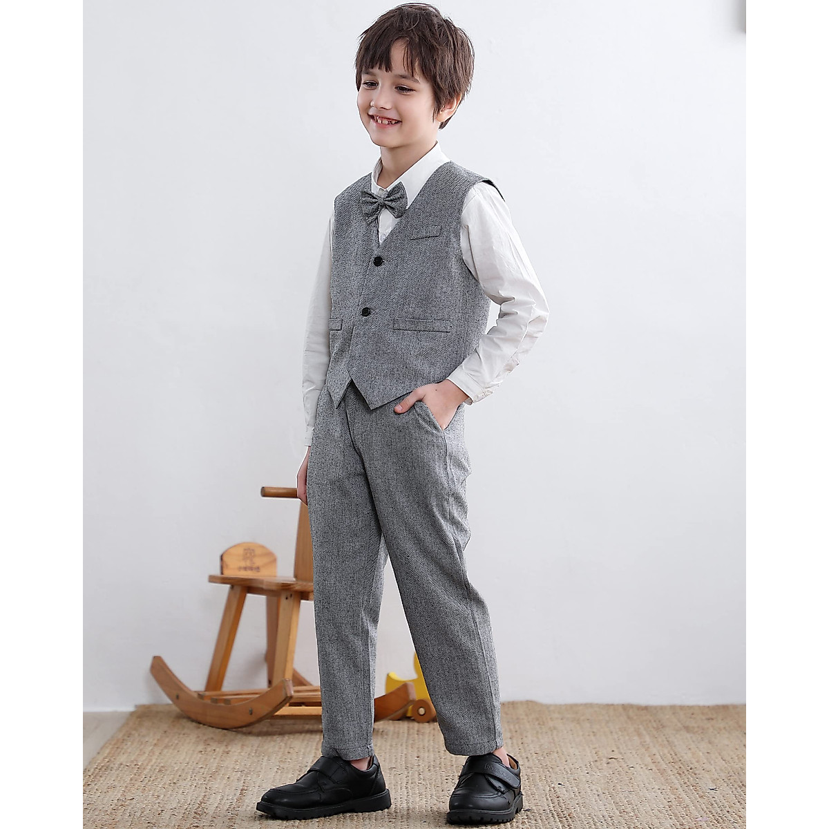 Boys Dress Clothes Set, 3PCS Baby Boy Formal Suits with Bowtie Dress Shirt + Suspender Pants + Suit Vest Wedding Clothing Outfits for Boys， Grey Zsl， 18-24 Months = Tag 90