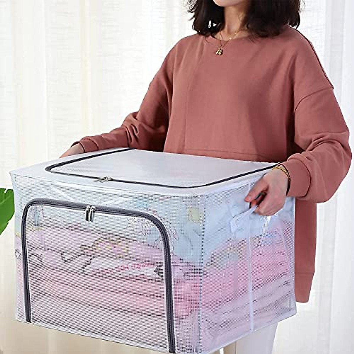Kaysun Stackable Closet Clear Storage Bins with Lids Waterproof Foldable Steel Frame Storage Box for Clothes 66L Baby Cloth Storage bag Organizer for Bedding Clothing Toy(2-Pack) (Grey,19.7x15.7x13'')