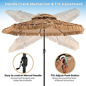 Tangkula 10 ft Thatched Patio Umbrella, 2 Tier Hawaiian Style Grass Beach Umbrella with 32 Led Lights, Center Light, Solar Tiki Umbrella with 8 Ribs, Tilt Adjustment, Manual Crank for Backyard, Poolside, Deck
